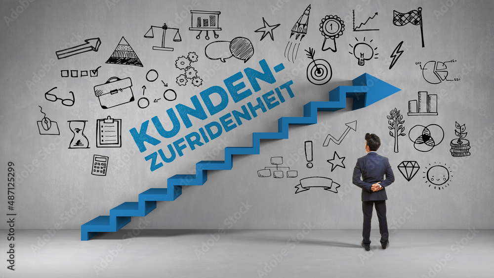 Geschäftsmann blickt auf Schriftzug Kundenzufriedenheit Stock ...