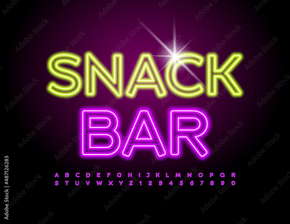 Vector Glowing Banner Snack Bar. Trendy Neon Alphabet Letters and ...