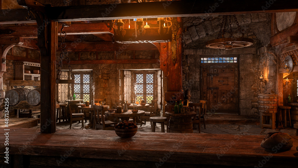Poster Medieval tavern bar interior lit by candles and daylight through ...