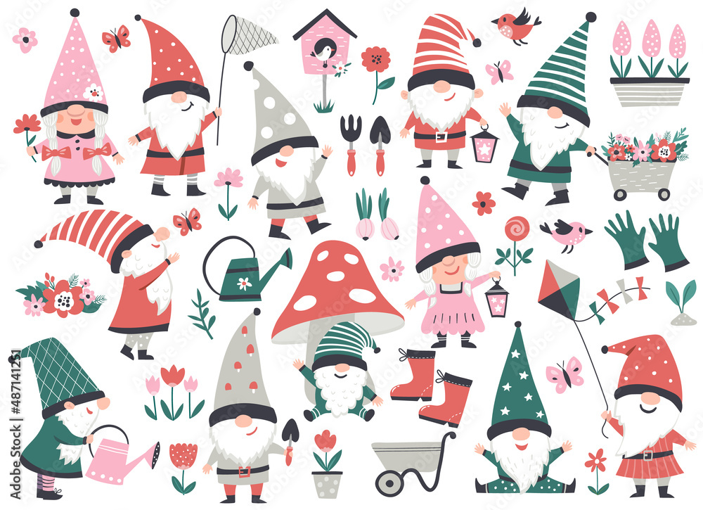 Garden gnome set, spring clip art, design elements collection. Hand ...
