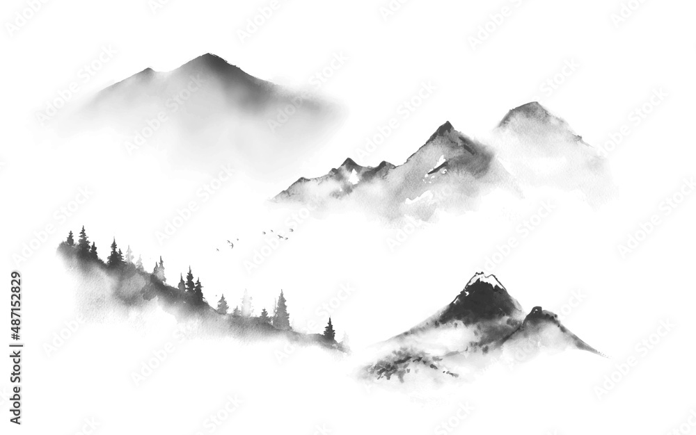 Set of mountains hand drawn with ink in traditional Japanese ink wash ...