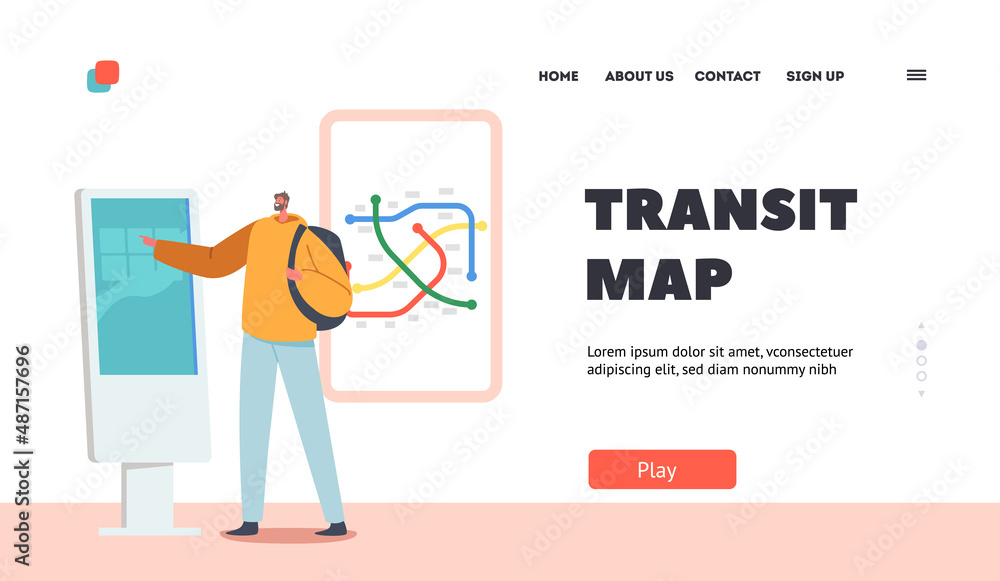Transit Map Landing Page Template. Male Character Using Info Kiosk in ...
