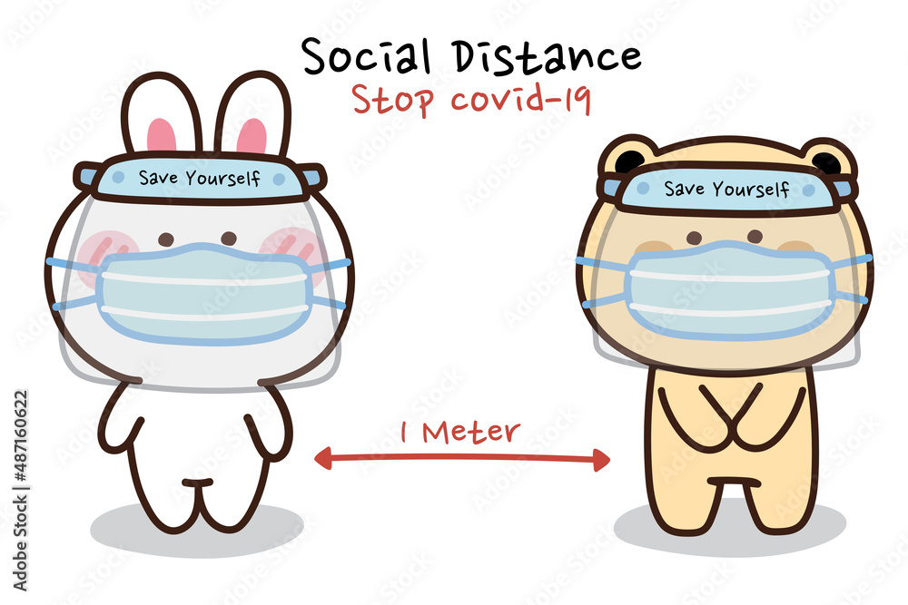 Cute rabbit and bear standing wearing face shield and mask protect ...