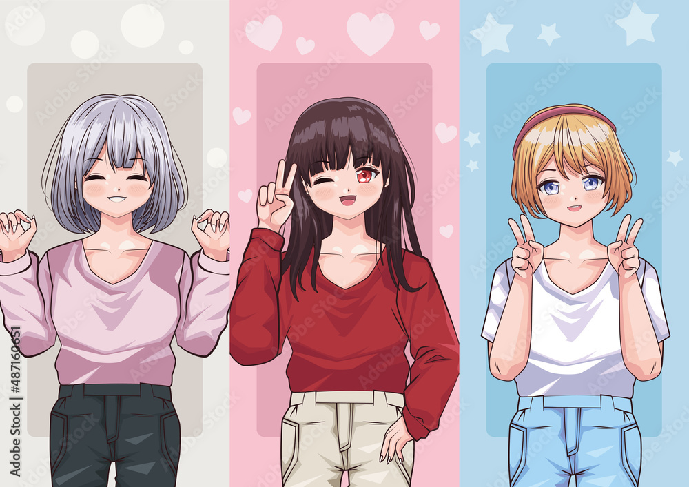 three girls anime style Stock Vector | Adobe Stock