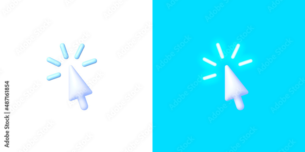 Cursor neon in 3d style on blue background. Arrow 3d vector icon. Flat ...