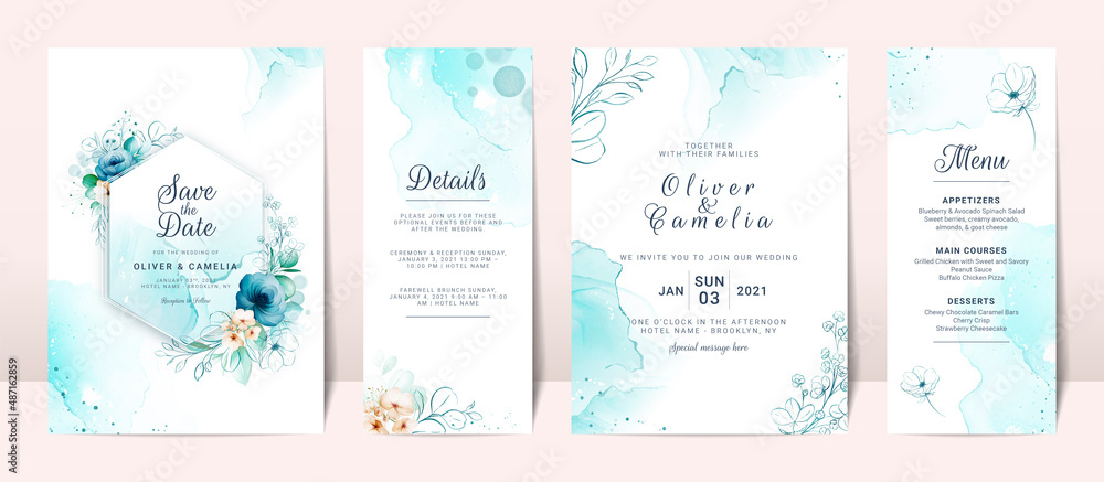 Blue wedding invitation card with watercolor floral decoration and ...