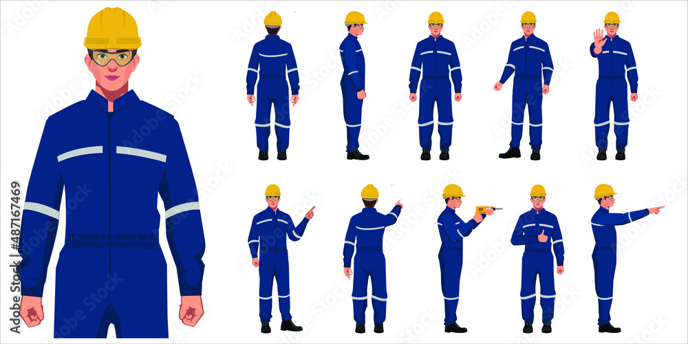 set of industrial worker character for animation different posses flat ...