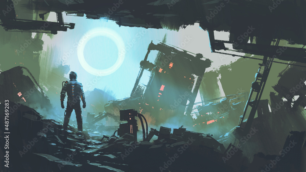 A dystopian scene showing a futuristic man stands in the ruined city ...