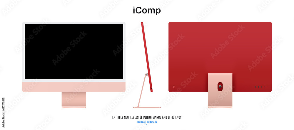 computer monitor pink color with black screen saver front, back and ...