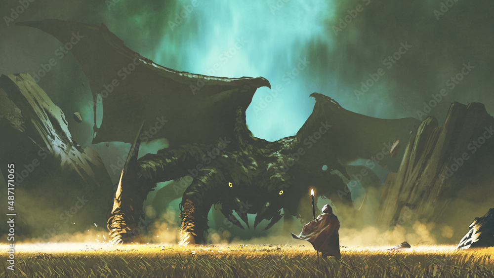 Poster The wizard casts a spell to summon a giant monster, digital art ...