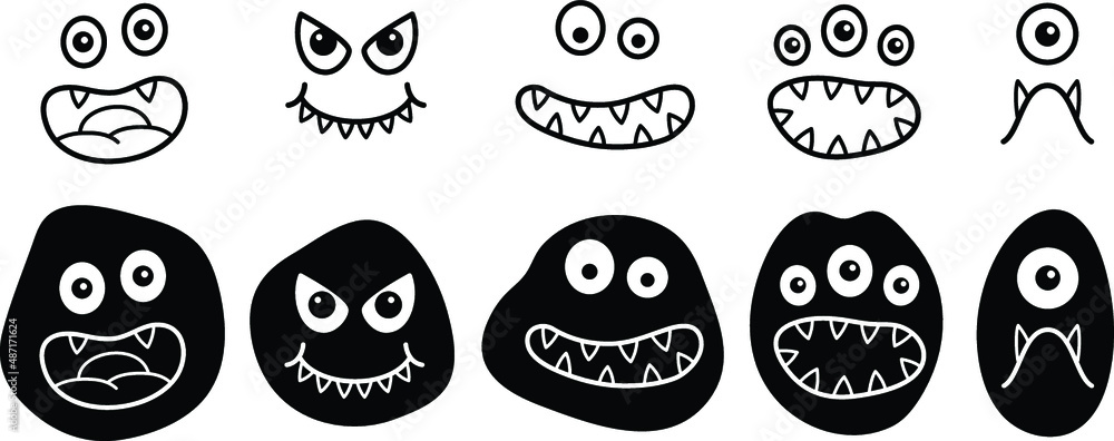 Monster Faces Clipart Set - Outline and Silhouette Stock Vector | Adobe ...