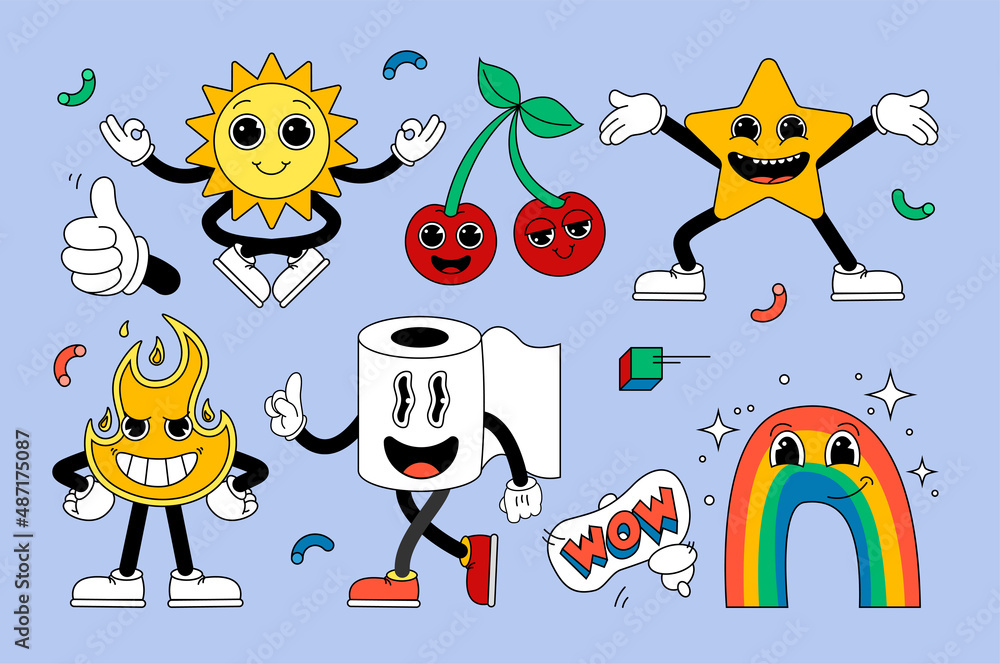 Retro cartoon stickers with funny comic characters, gloved hands ...