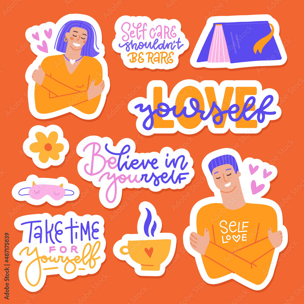 Collection of love yourself stickers. Love, care, me time concept. Cute ...
