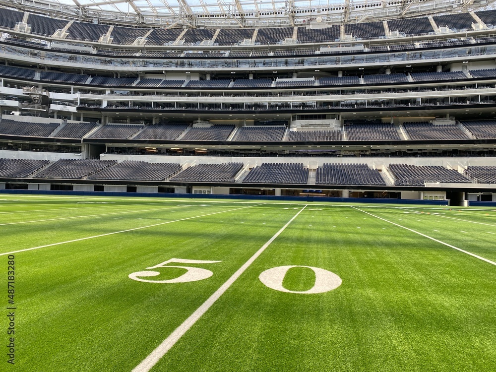 American football field, empty, no crowd with yard line numbers. 50 ...