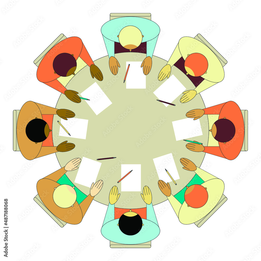 Vector graphics - top view - eight people sitting at a round table with ...