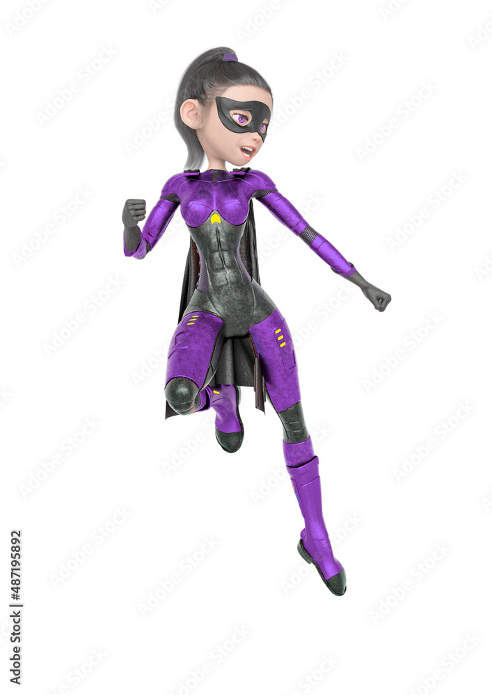 superheroine girl is floating and ready for action in white background ...