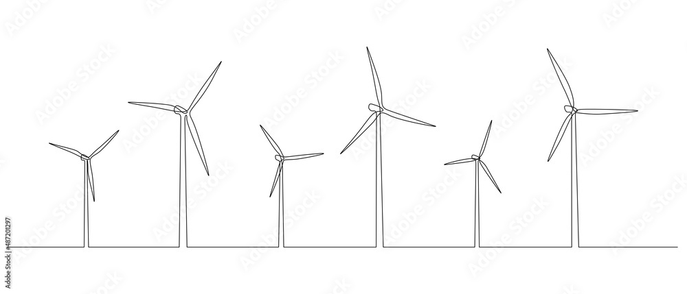 One continuous line drawing of Wind farm turbines and windmill. Green ...