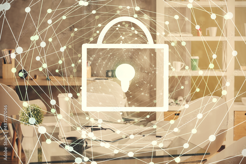 Multi exposure of lock drawing and office interior background. Concept ...