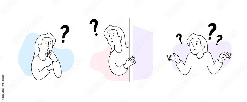 Set of vector illustrations for web and app design. A woman asks a ...