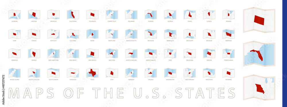 Collection of folding maps of the USA States, a map with two folds ...