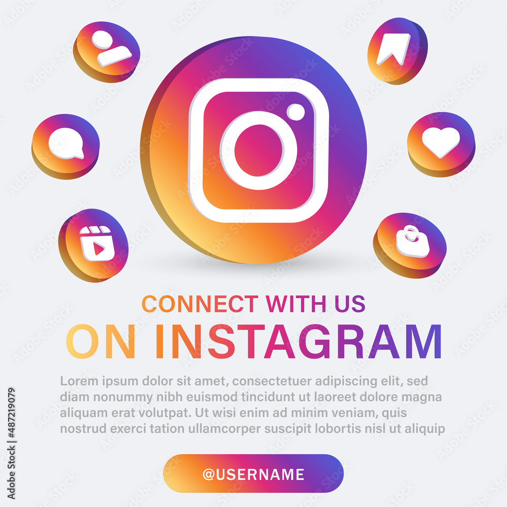 follow us on instagram in 3d logo with social media notification icons ...