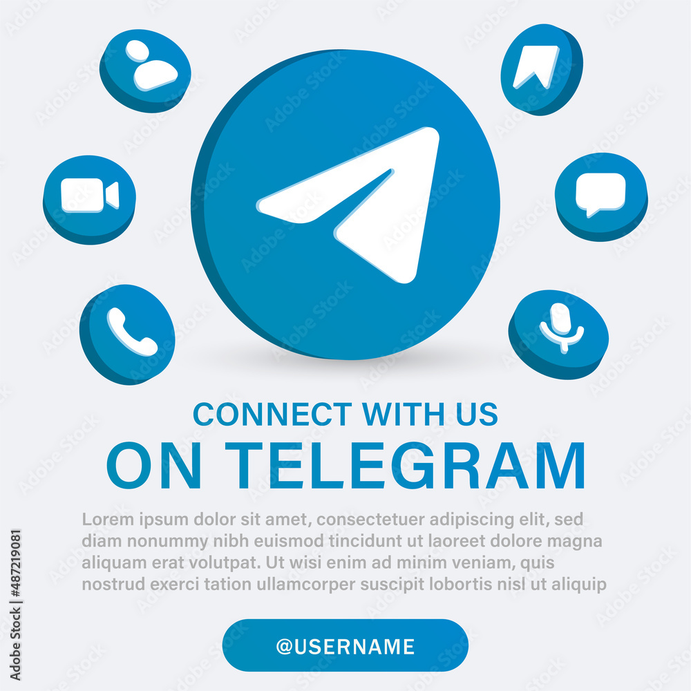 follow us on telegram in 3d logo with social media notification icons ...