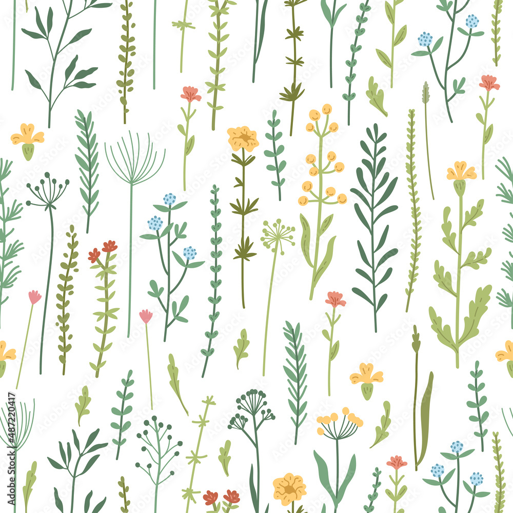 Seamless floral pattern with hand drawn plants, leaves, wild flowers ...