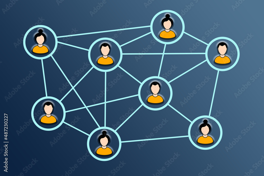 Teamwork. Team members interconnected in a network, sharing information ...