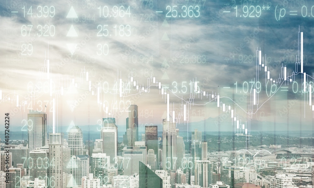 Abstract virtual financial graph hologram on blurry city background ...