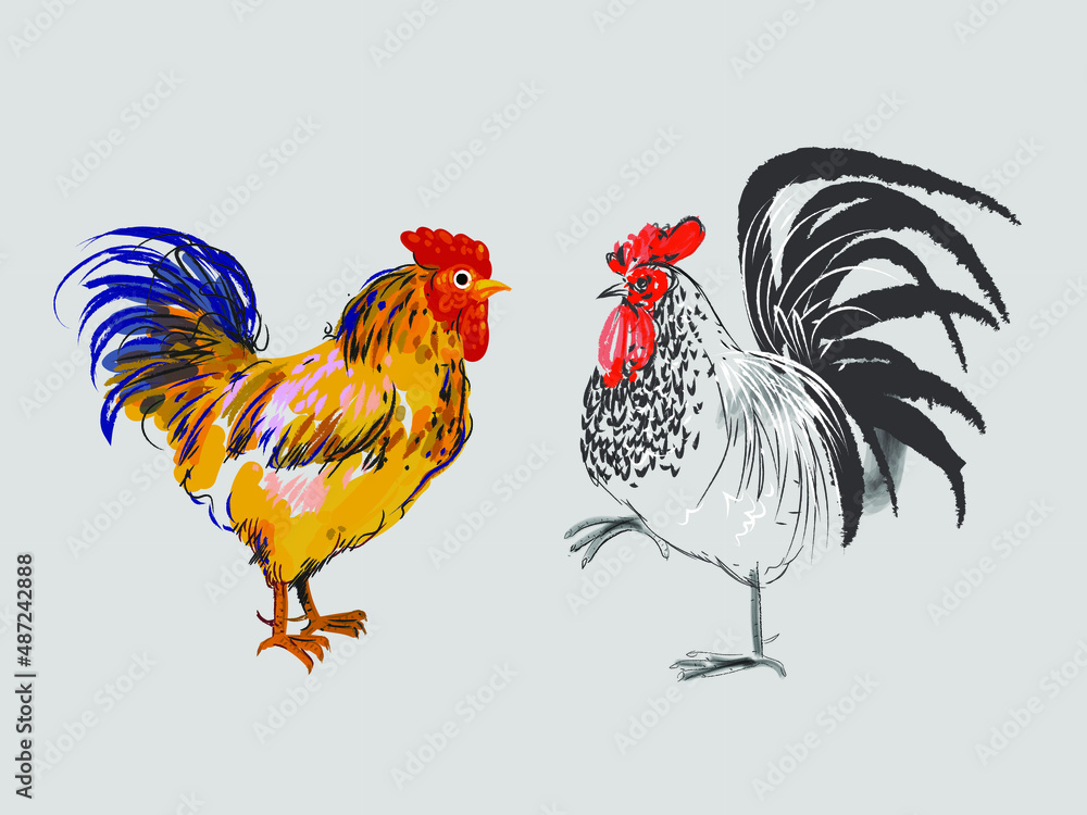 Hand drawn two rooster icon character vector illustration. Isolated on ...