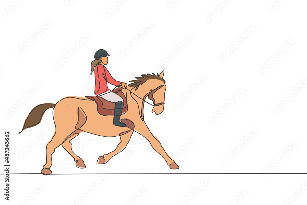 One continuous line drawing of young horse rider woman in action ...