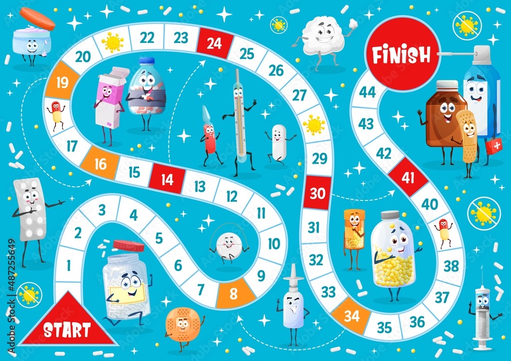 Kids board game with cartoon drugs, vector cotton wool and syringe ...
