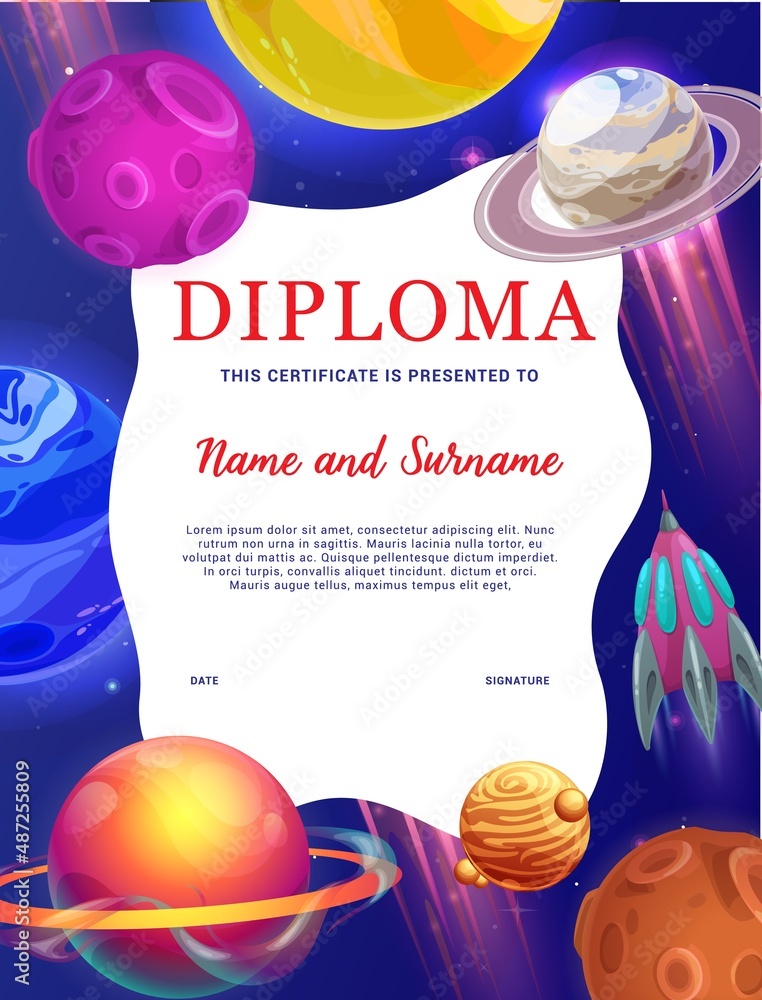 Fantastic universe kids diploma. Galaxy planets, stars and space ...