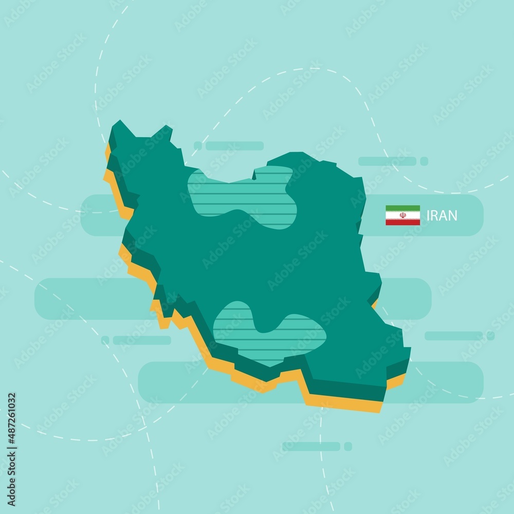 3d vector map of Iran with name and flag of country on light green ...
