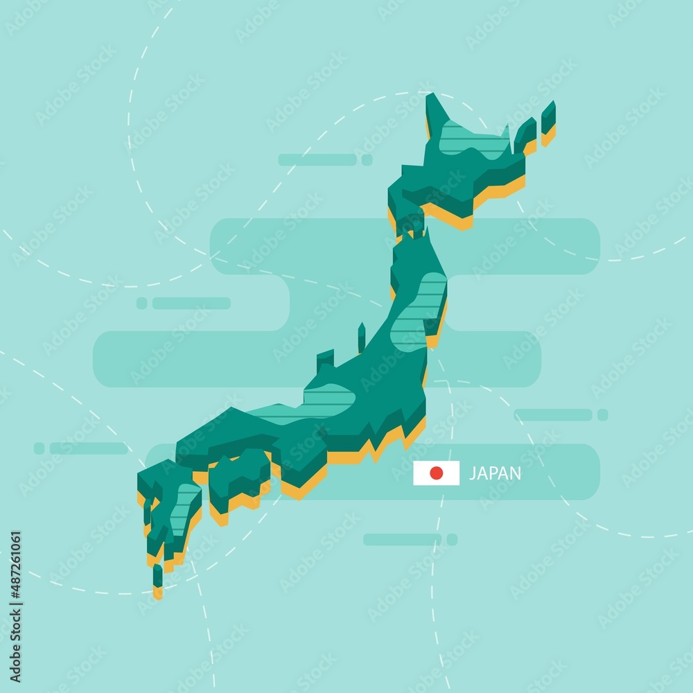 3d vector map of Japan with name and flag of country on light green ...
