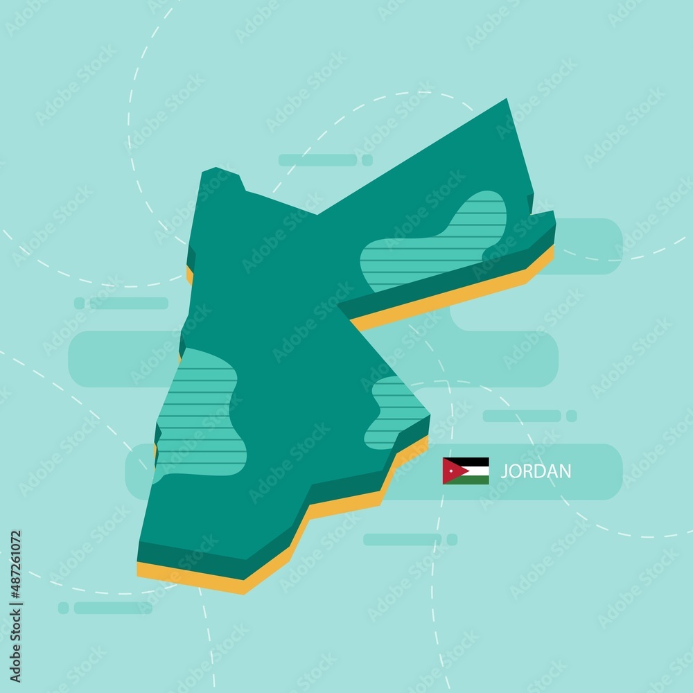 3d vector map of Jordan with name and flag of country on light green ...