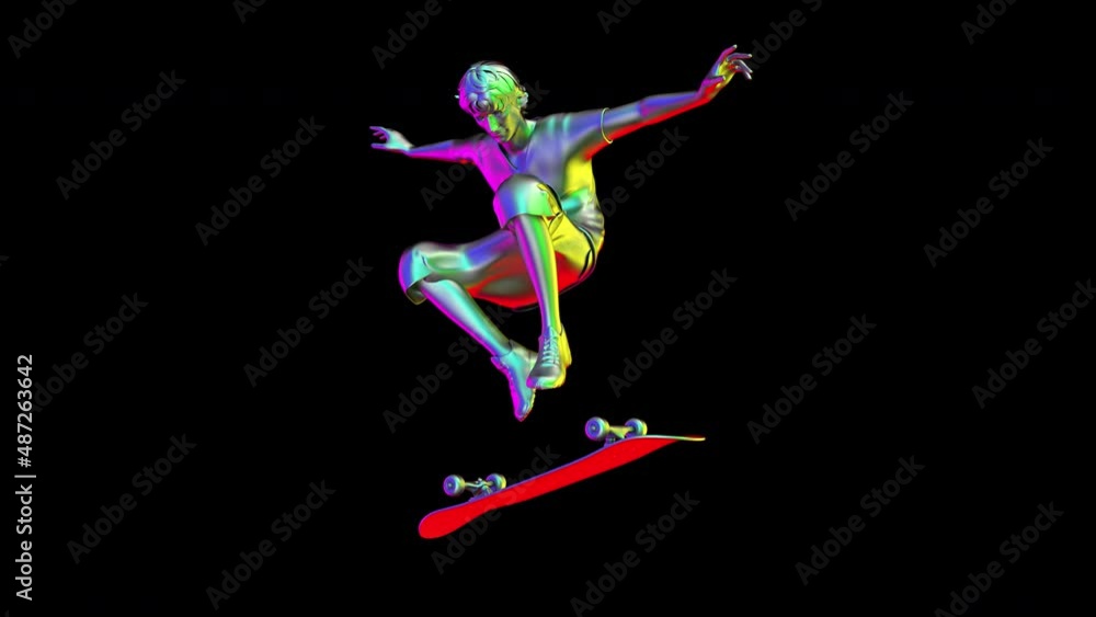 Colorful man jump with flipping skateboard. Looped animation with alpha ...