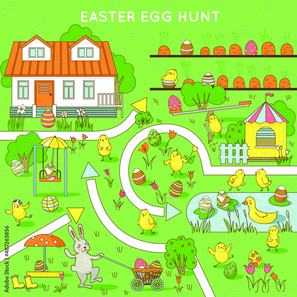 Fun map for finding Easter eggs. Egg hunt. The house, the garden with ...