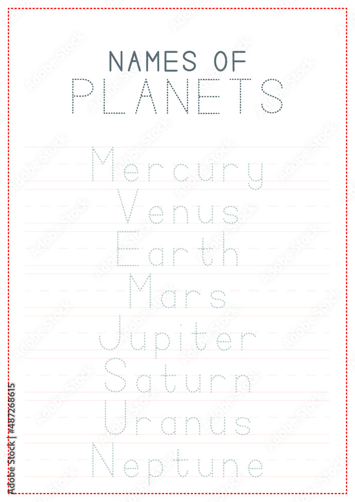 Children Tracing Worksheet - Names of Planets in Order Stock Vector ...