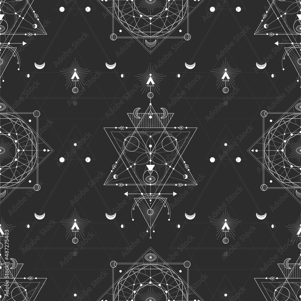 Seamless pattern with sacred geometric symbols. Background with magical ...