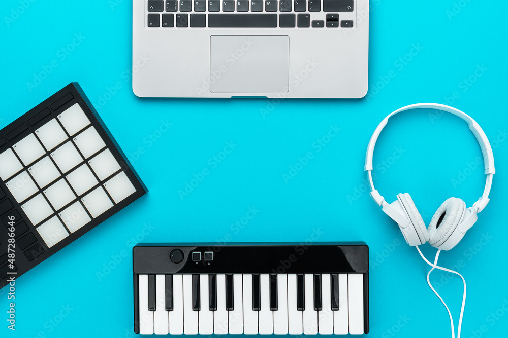 Top view of home studio music production equipment with copy space ...