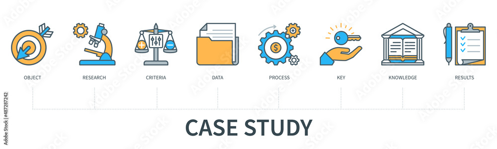 Case study concept with icons. Object, research, criteria, data ...
