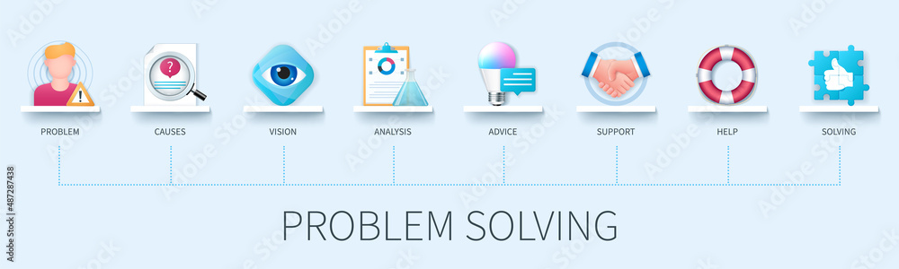 Problem solving banner with icons. Problem, causes, vision, analysis ...