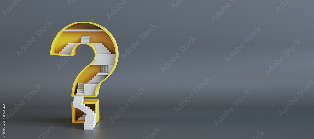 Wide image of abstract yellow question mark with stairs inside on gray ...