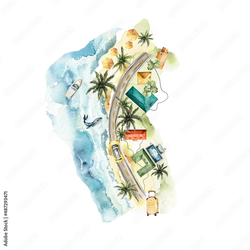 Watercolor map creator for trip, travel, camping, surf. Hand painted ...