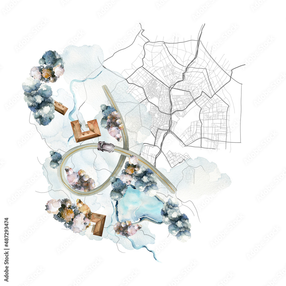 Watercolor map creator for trip, travel, camping. Hand painted road ...