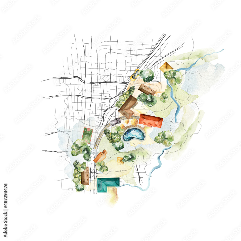 Watercolor map creator for trip, travel, camping. Hand painted road ...