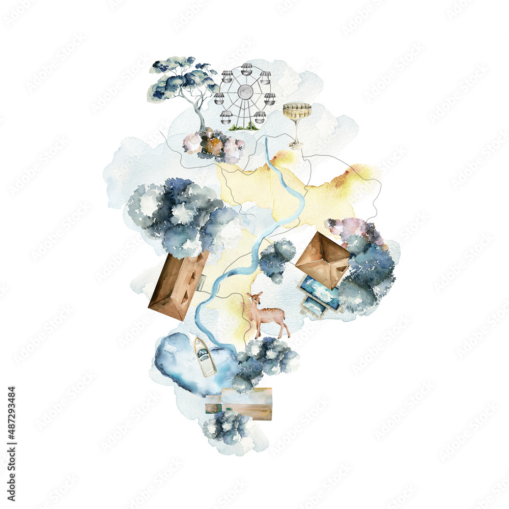 Watercolor map creator for trip, travel, camping. Hand painted road ...