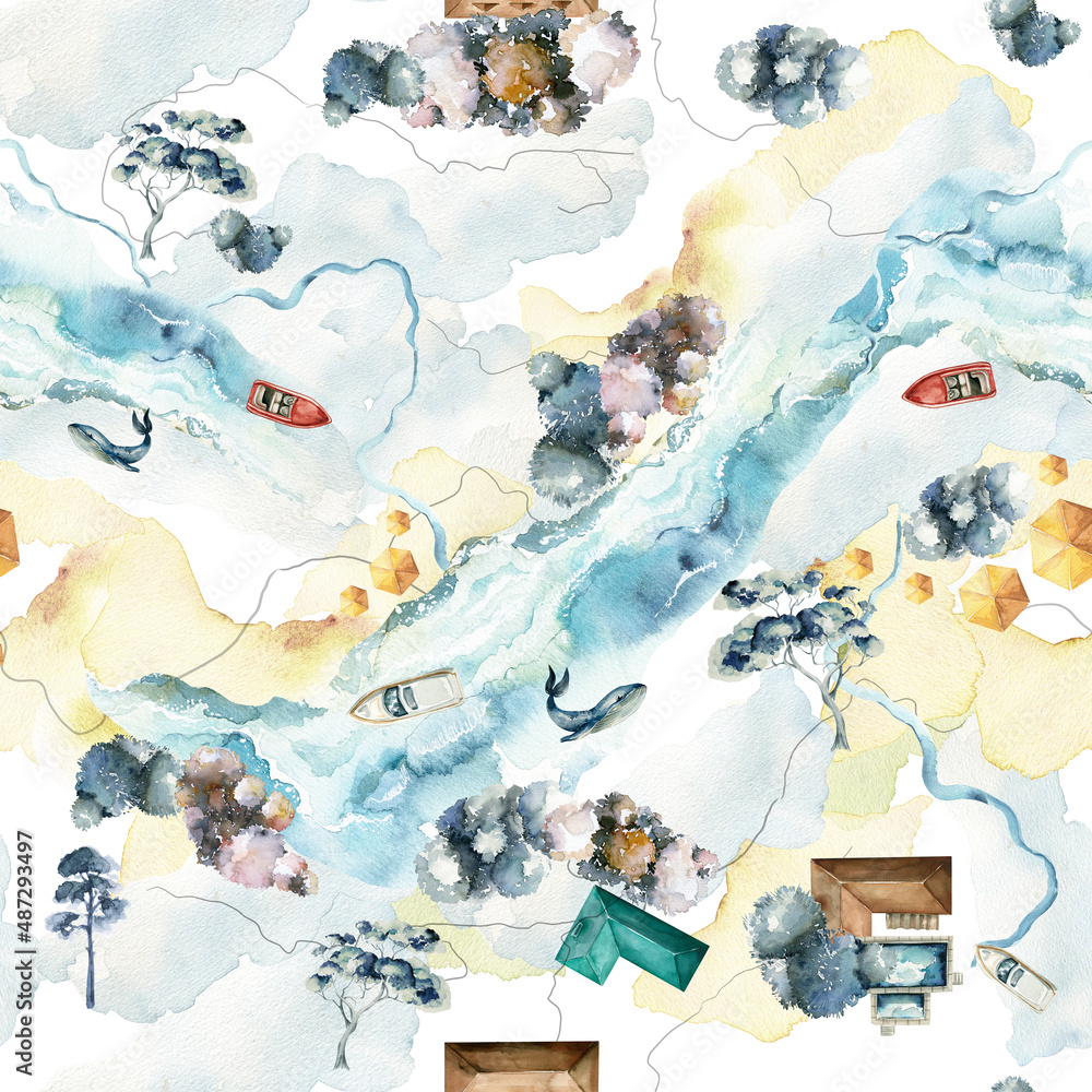 Watercolor seamless pattern map. Hand painted road, houses, lake, tree ...