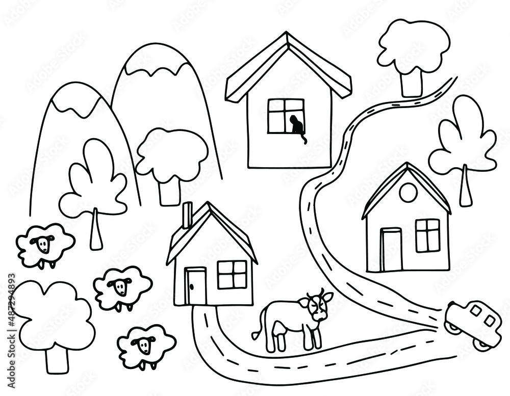 vector farm village in mountain illustration sketch doodle hand drawn ...